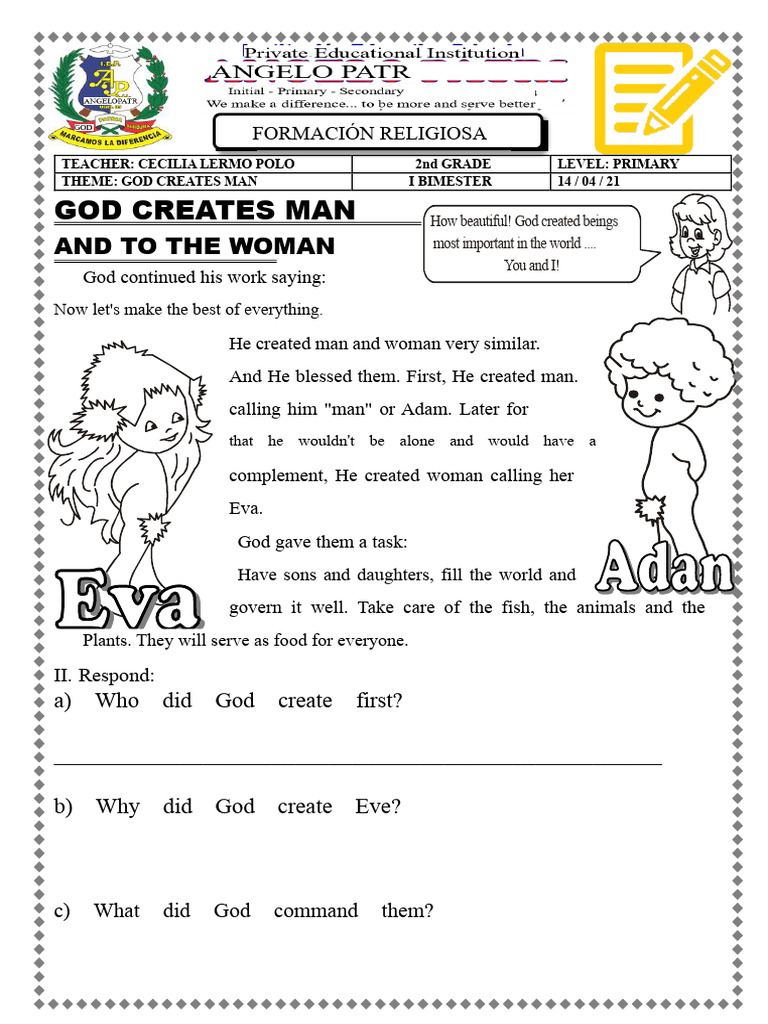 God Created Man And Woman Religion 1st Grade Pdf