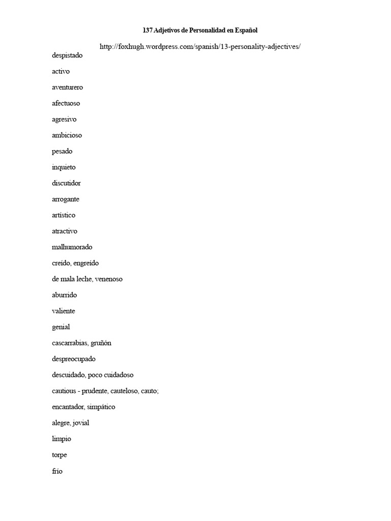 137 Adjetivos de Personalidad en Español | PDF