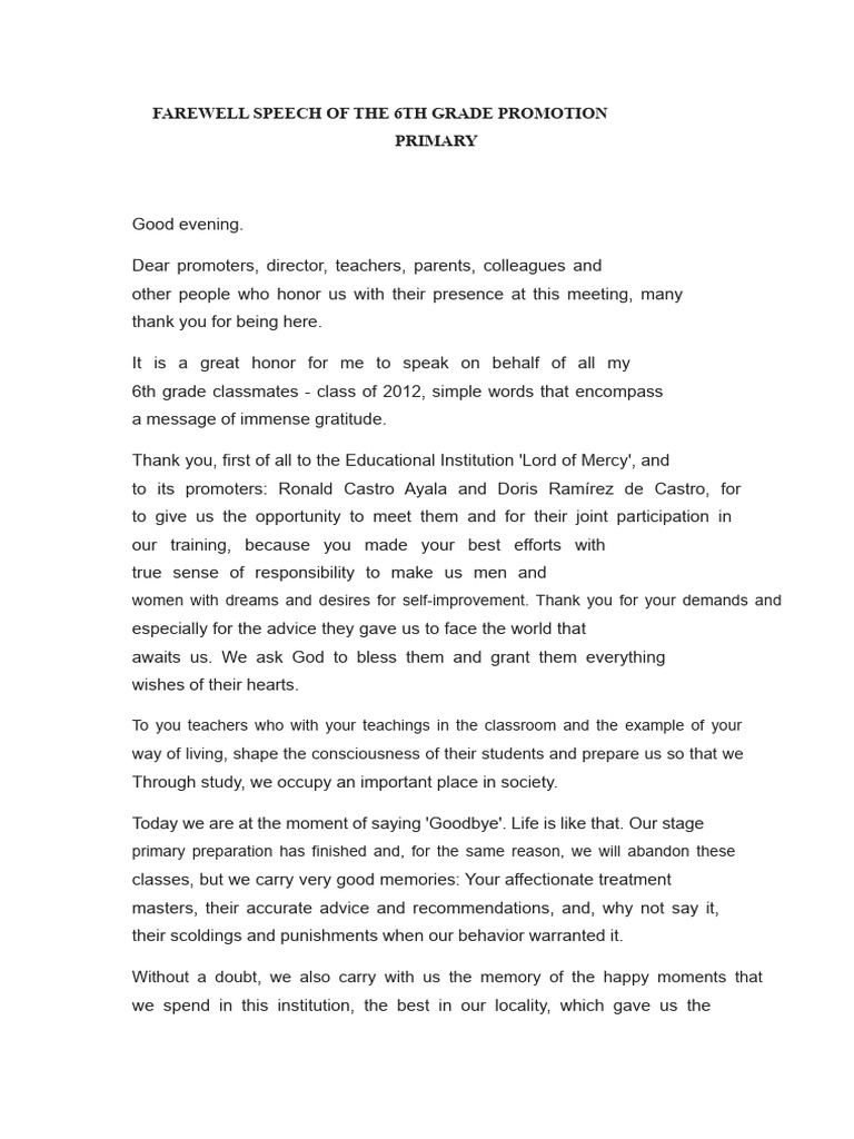 Farewell Speech To The 6th Grade Promotion of Primary School | PDF ...