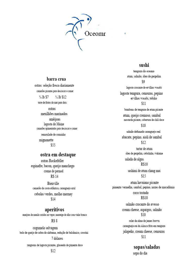 Menu de Jantar Do Oceano | PDF | Fruto do mar | Creme (gastronomia)