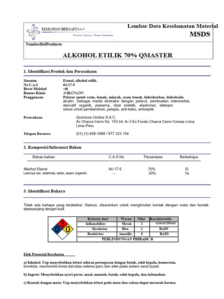 MSDS Alkohol Etil 70% | PDF