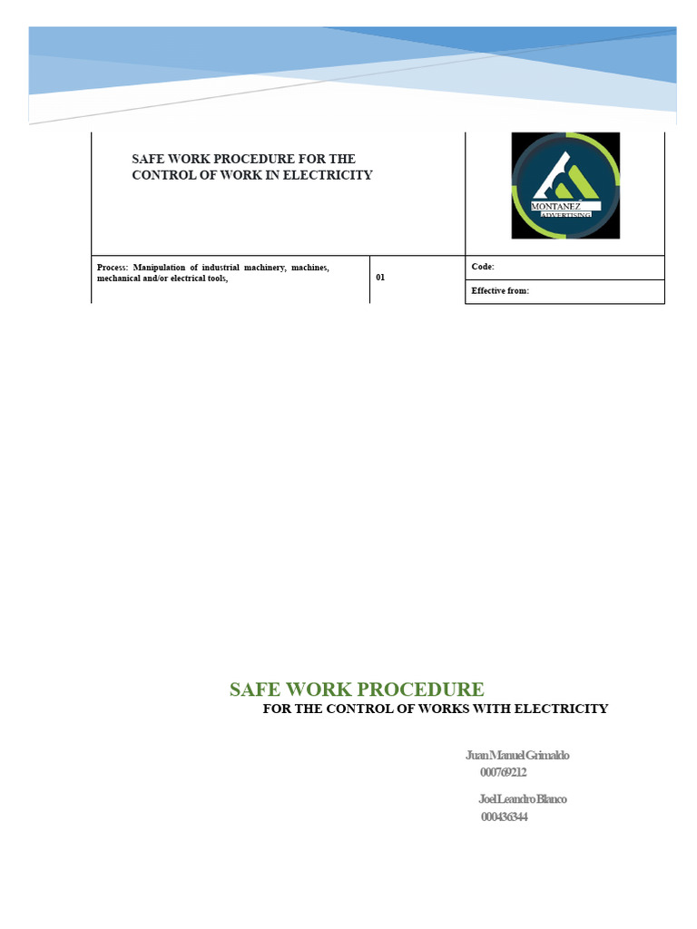 Annex 3. Safe Work Procedure For The Control of Electrical Work | PDF | Insulator (Electricity ...