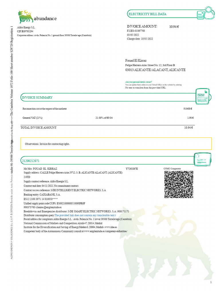 Aldro Energy Invoice Summary for Torrelavega | PDF