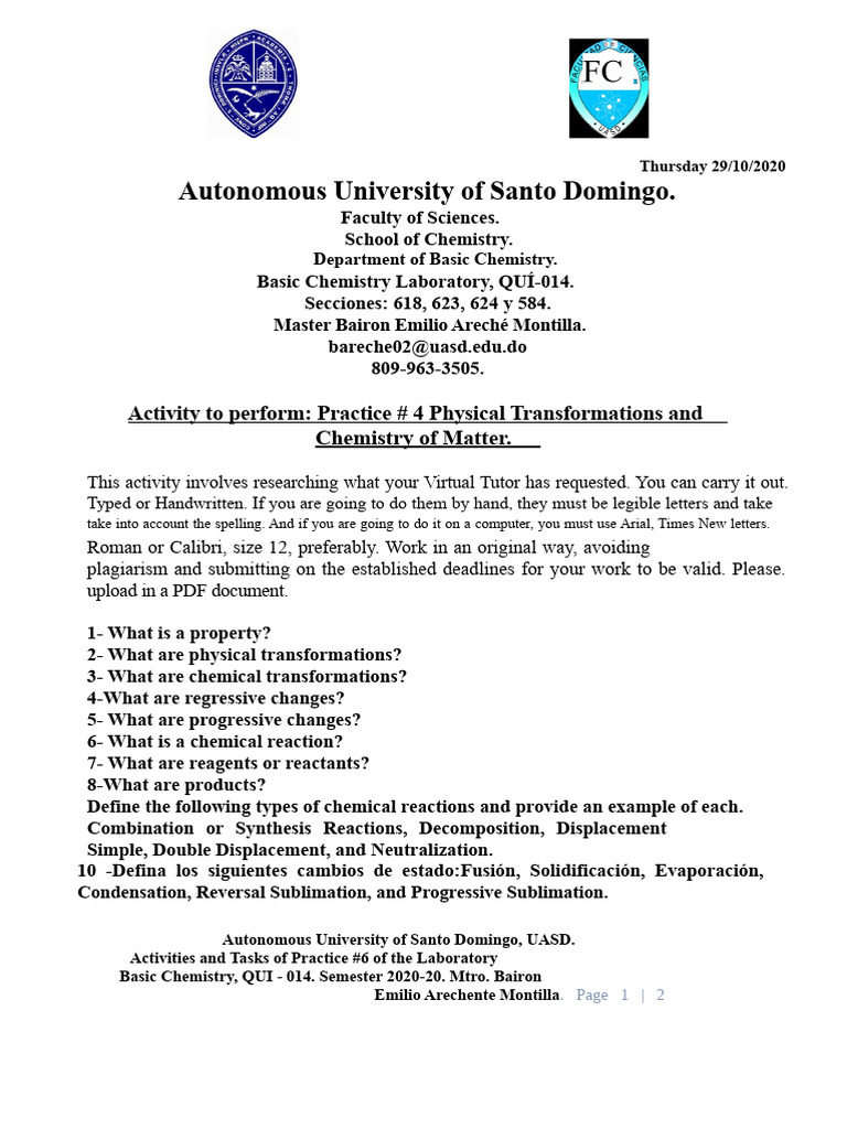 Activities and Tasks of Practice #4, Basic Chemistry Lab, 2020-20 | PDF ...