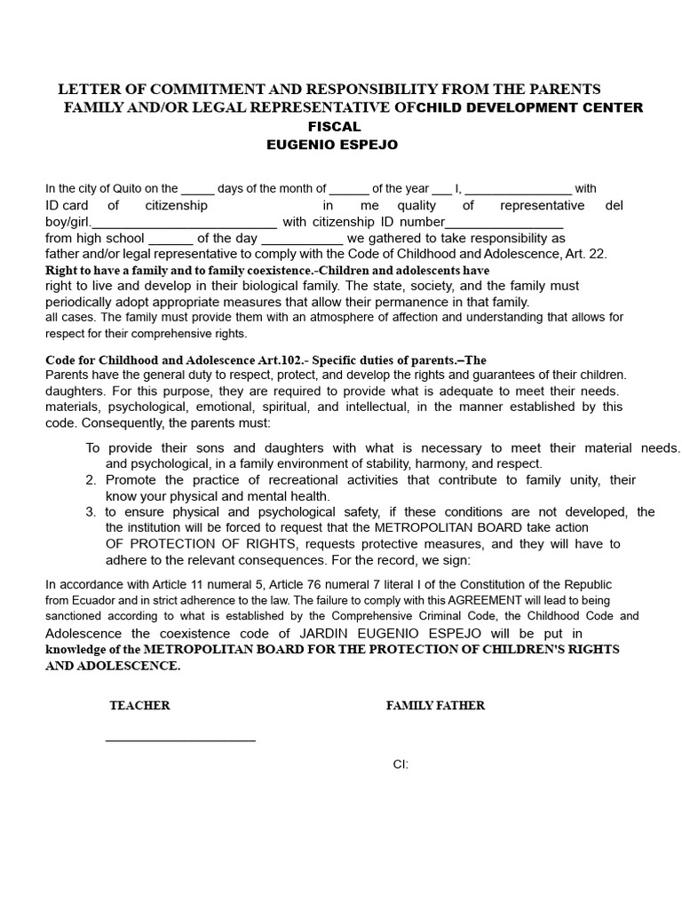 Parent Commitment Letter for Child Care | PDF | Family | Behavioural ...