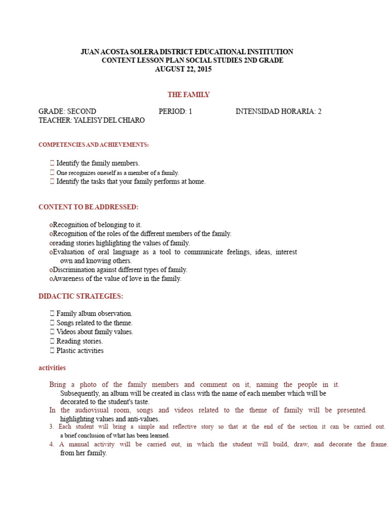 2nd Grade Family Social Studies Lesson Plan | PDF | Lesson Plan | Learning