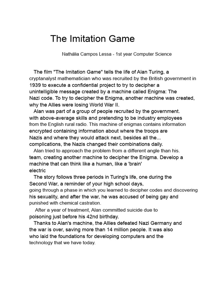Summary - The Imitation Game | PDF