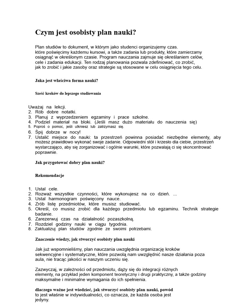 Co To Jest Osobisty Plan Nauki? | PDF