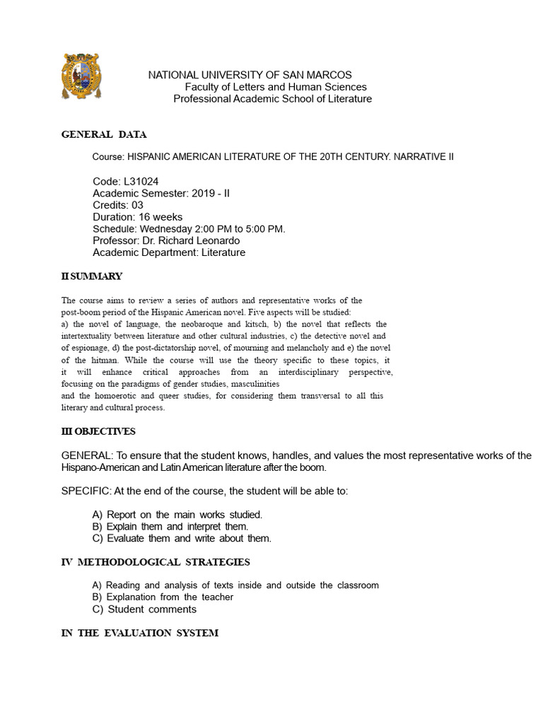 Syllabus of 20th Century Hispanic American Literature. Narrative II ...