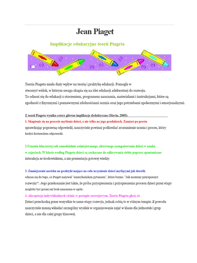 Implikacje Edukacyjne Jeana Piageta | PDF