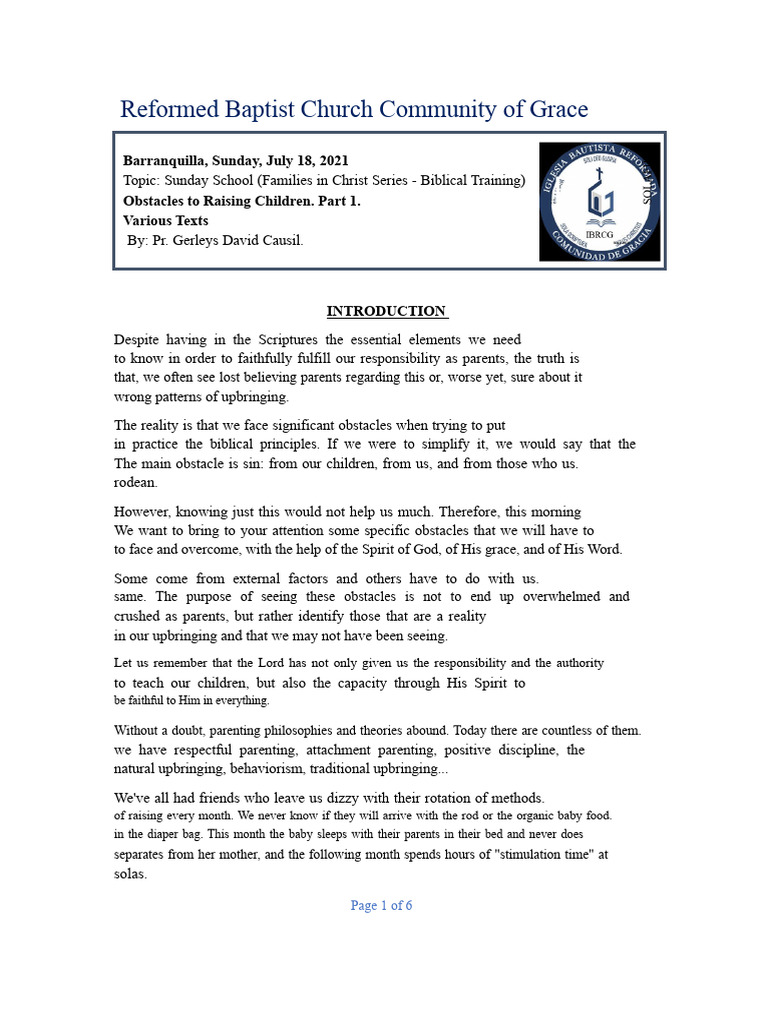 Sunday School - Obstacle For The Formation of Children - P1 | PDF ...