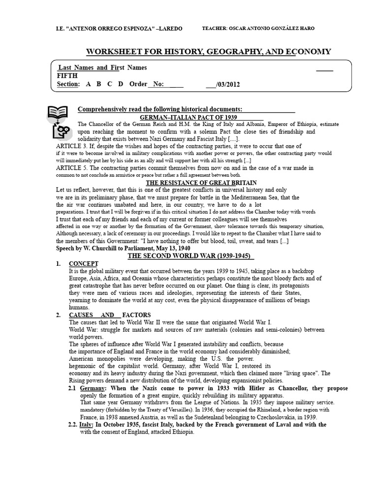 HISTORY WORKSHEET 5th GRADE 2012 | PDF | World War II | Nazi Germany