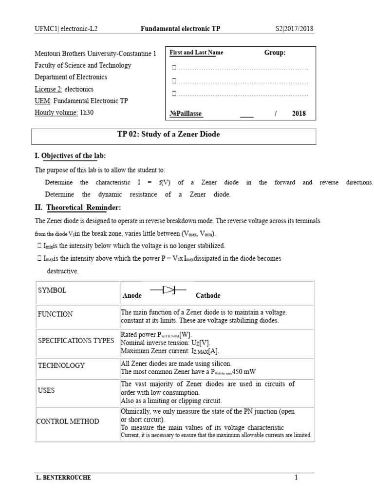 TP2 - Study of A Zener Diode | PDF | Diode | Electricity