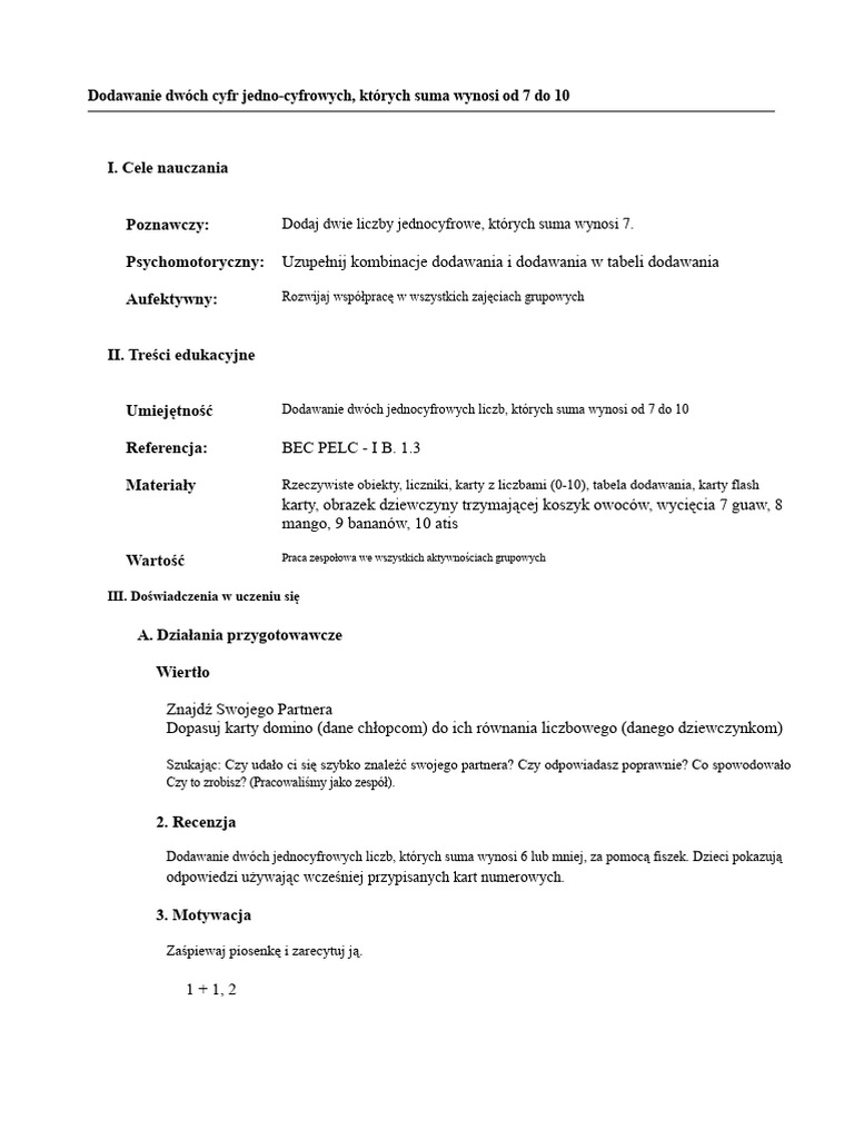 Dodawanie Dwóch Jednocyfrowych Liczb, Których Suma Wynosi Od 7 Do 10 | PDF
