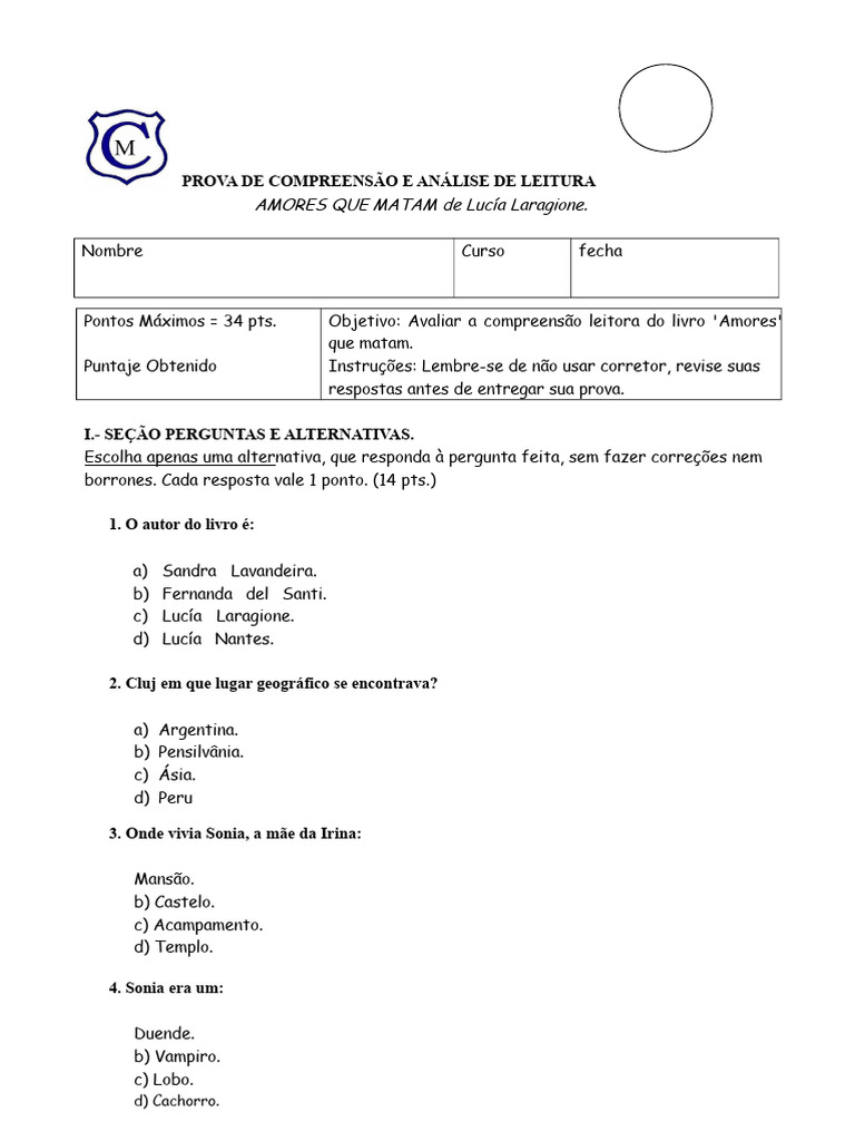Prova de Compreensão: "Amores que Matam" | PDF