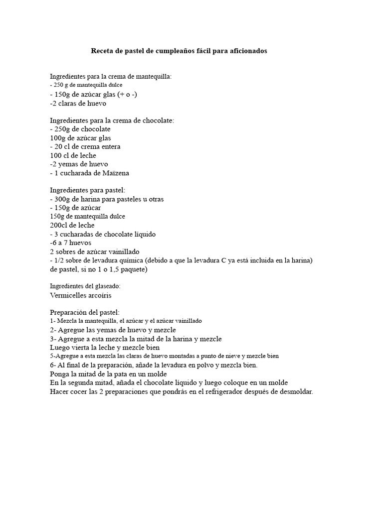 Receta de Pastel de Cumpleaños | PDF | Pasteles | Alimentos