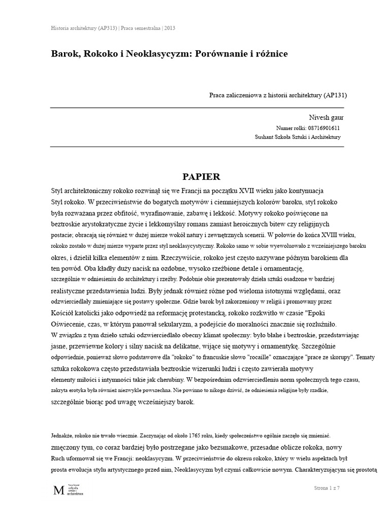 Barok, Rokoko I Neoklasycyzm: Porównanie I Kontrast | PDF