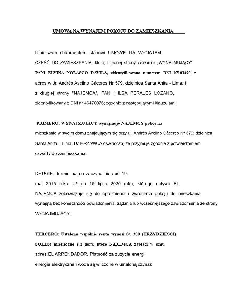 Umowa Najmu Pokoju | PDF