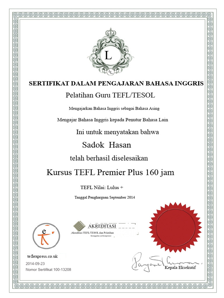 Sertifikat TEFL Sadok Hasan 2014 | PDF