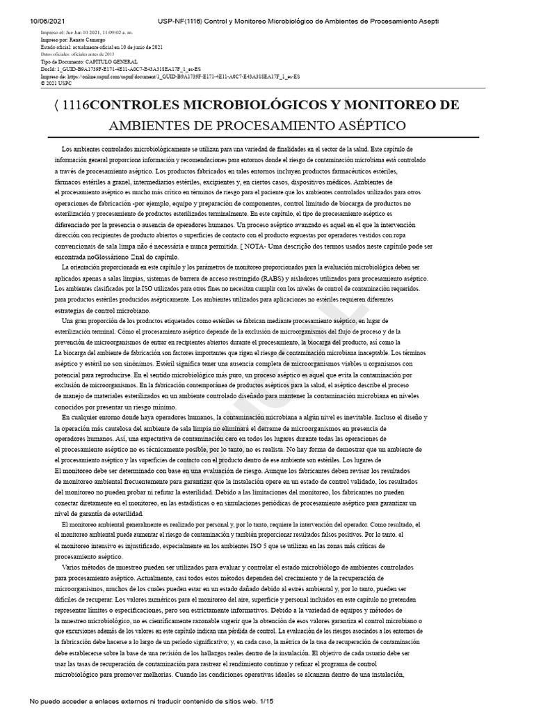 USP 1116 - Monitoreo Ambiental | PDF | Microorganismo | Contaminación