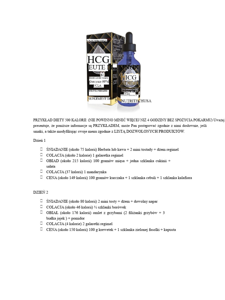 7 - Dieta HCG 500 Kalorii, Przykład Menu | PDF