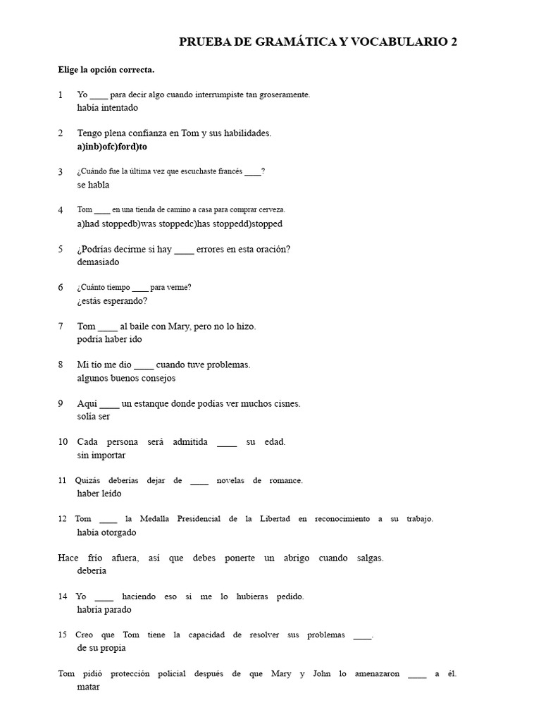 Prueba de Gramática y Vocabulario 2 | PDF