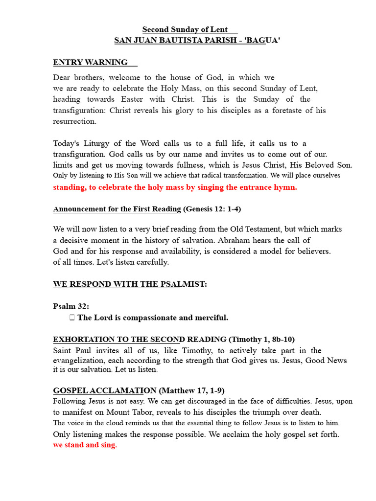 Second Sunday of Lent Mass Guide | PDF | Eucharist | Mass (Liturgy)