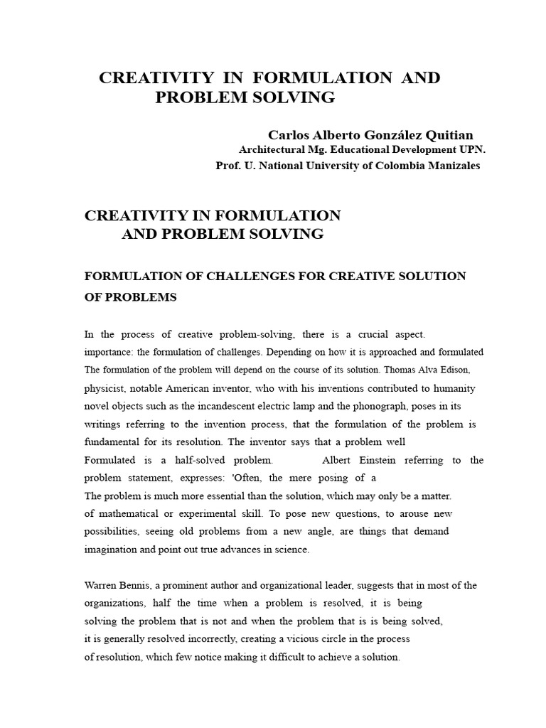Creativity in Problem Formulation and Solution | PDF | Creativity | Thought