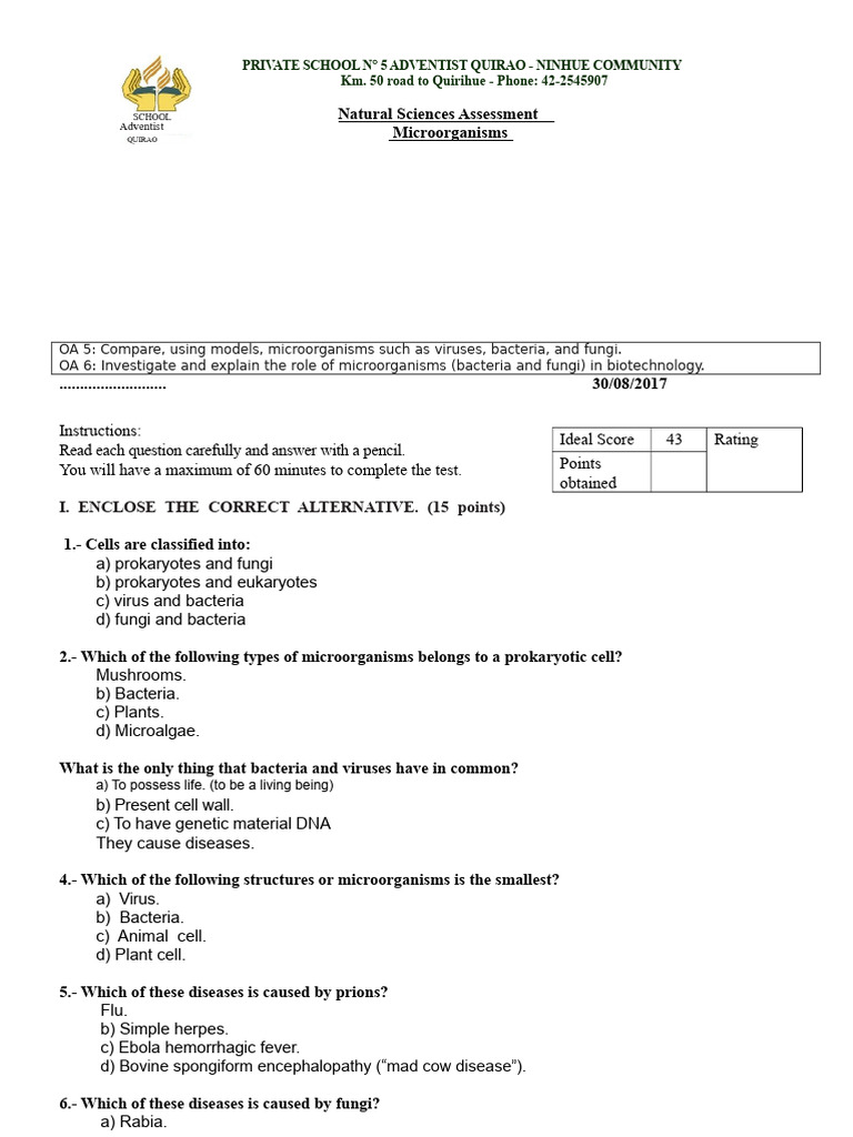 Seventh Grade Science Assessment Microorganisms | PDF | Bacteria ...