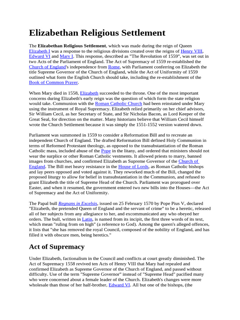 Elizabethan Religious Settlement | PDF | Book Of Common Prayer ...