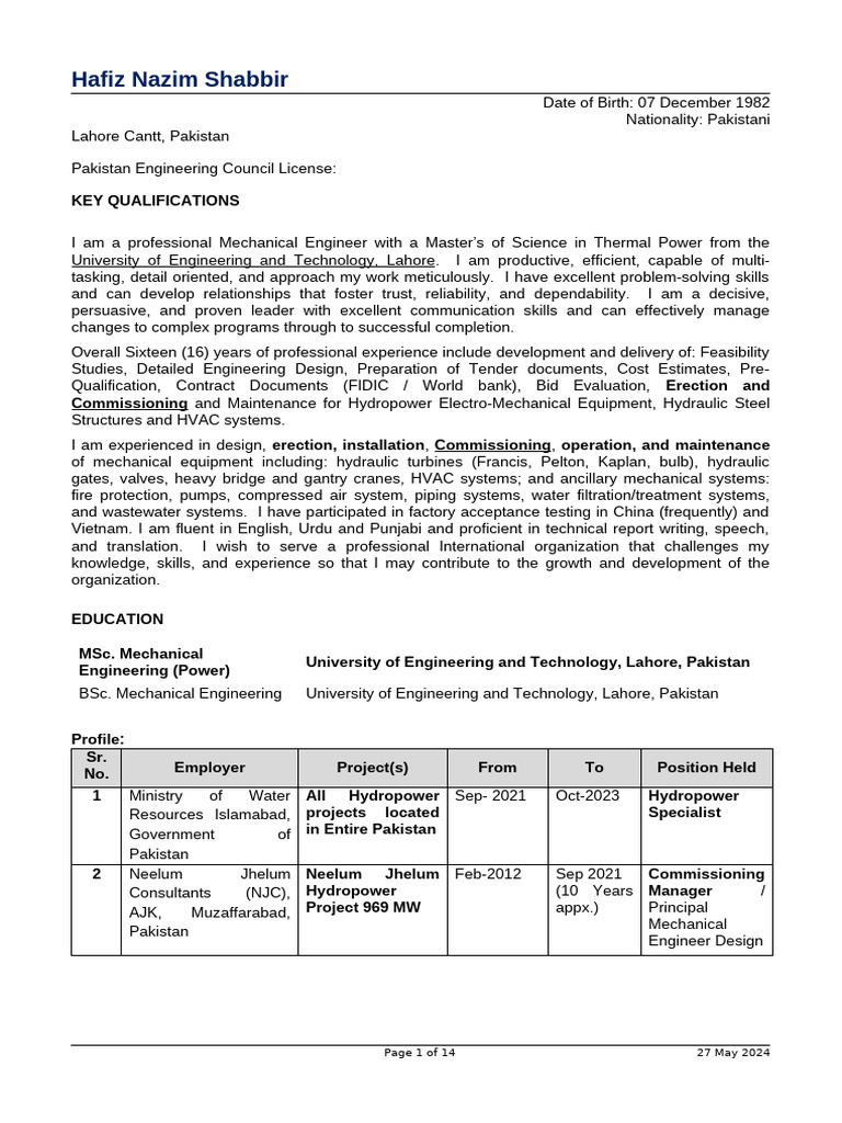 Nazim Shabbir CV (Dec2022 O&M Hyd) | PDF | Pump | Hydroelectricity