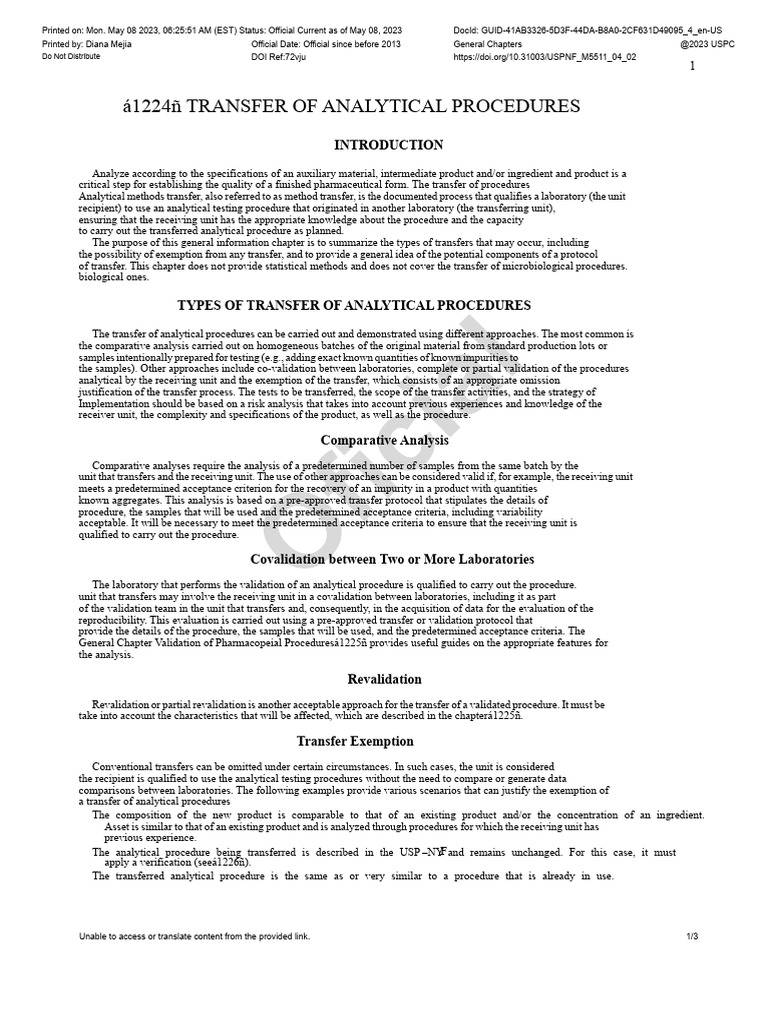 USP 1224: Analytical Procedure Transfer | PDF | Statistics | Sampling ...