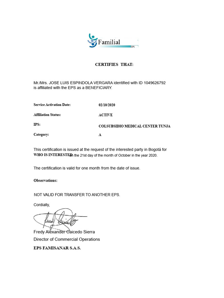 Famisanar Certificate Beneficiary | PDF