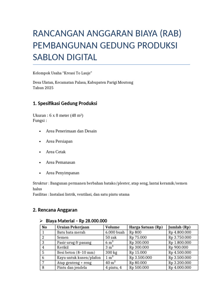 RAB Pembangunan Gedung Produksi Sablon | PDF