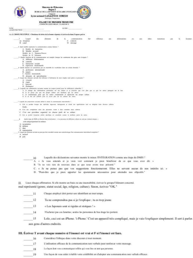 Examen de communication orale - Classe 11 | PDF | Communication non ...