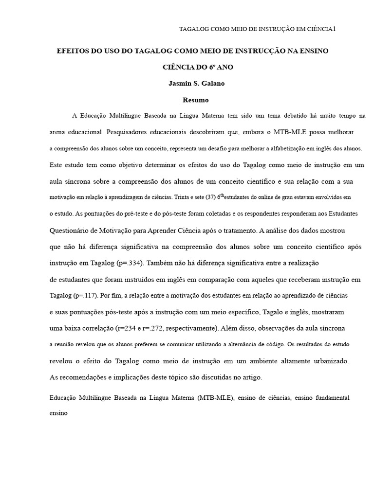Efeitos do Tagalog no Ensino de Ciências | PDF | Aprendizado | Science