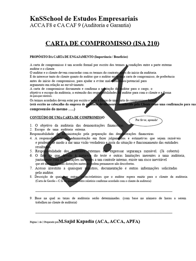 Carta de Compromisso (ISA 210) 2020 | PDF