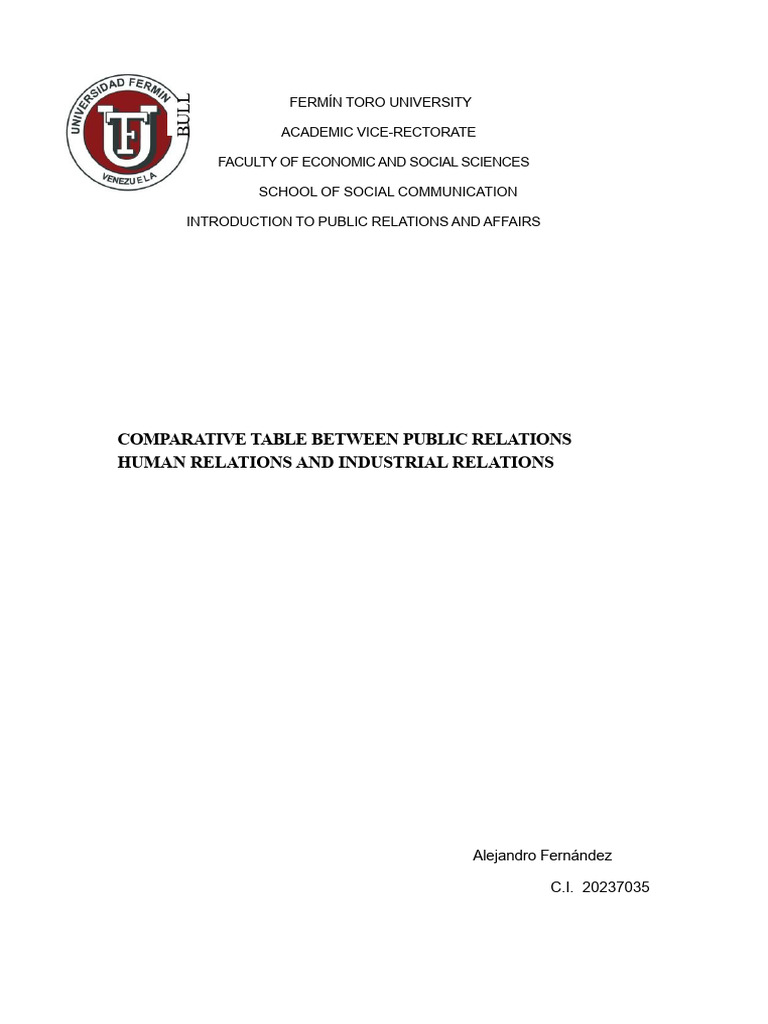 Comparative Tables Public Relations Human Relations Industrial ...
