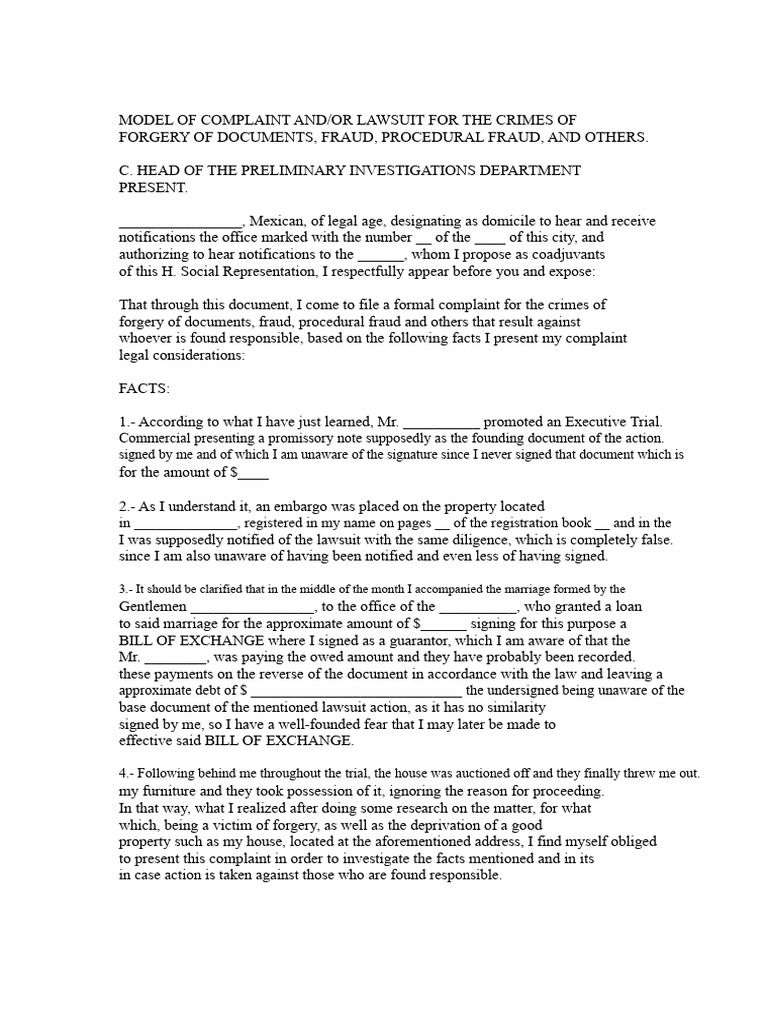 Model of Complaint And/or Lawsuit For The Crimes of Document Forgery ...