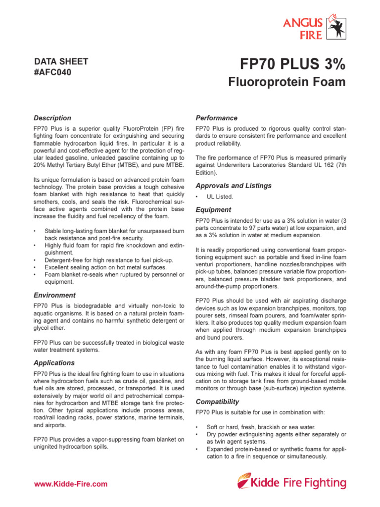 FP70 Plus 3% Fluoroprotein Foam Data Sheet | PDF | Soft Matter