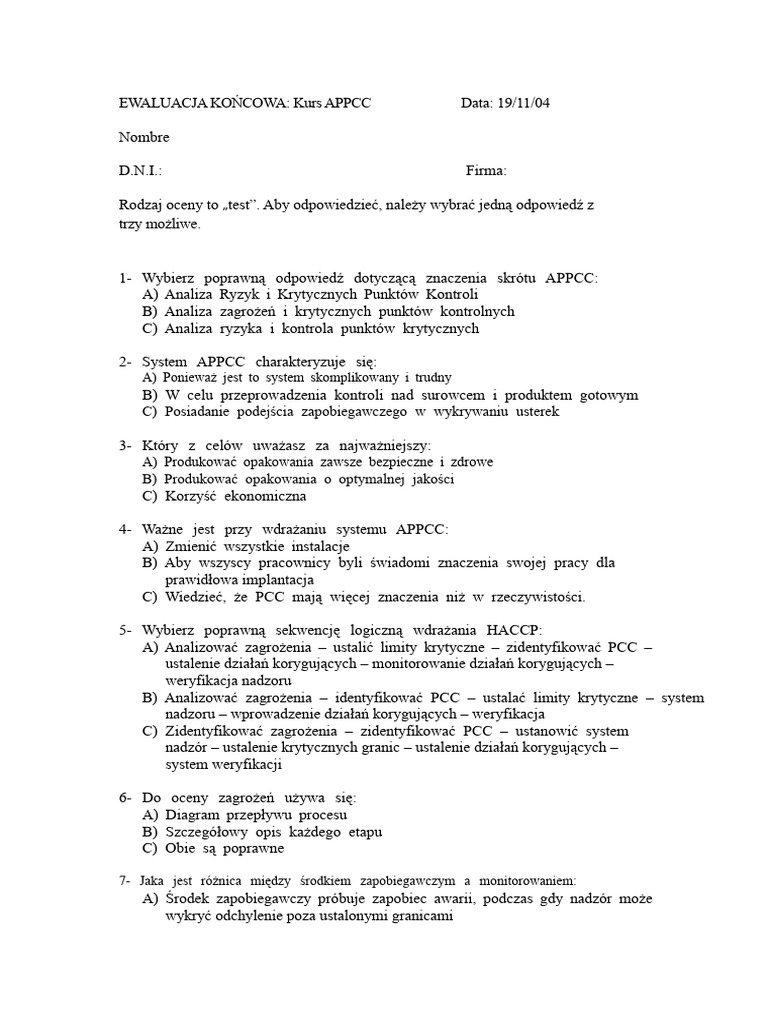 Ocena APPCC Test | PDF