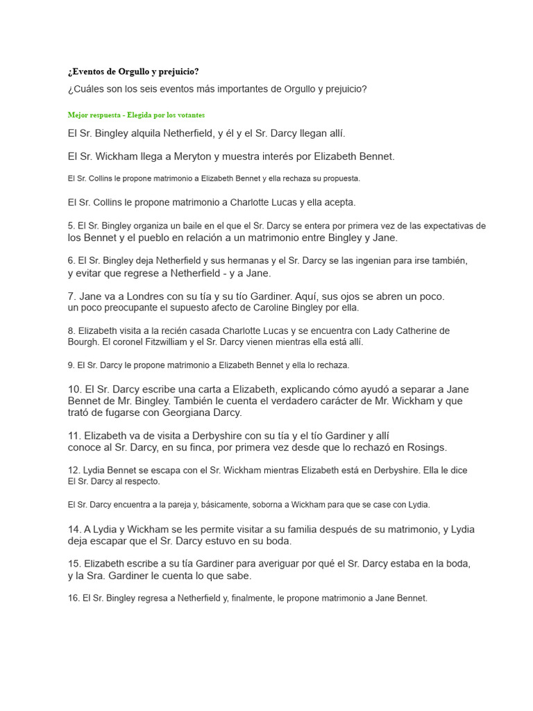 Eventos Clave en Orgullo y Prejuicio | PDF | Orgullo y prejuicio ...