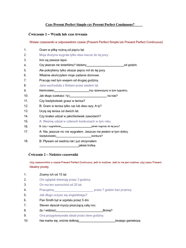Czas Present Perfect Simple Continuous | PDF
