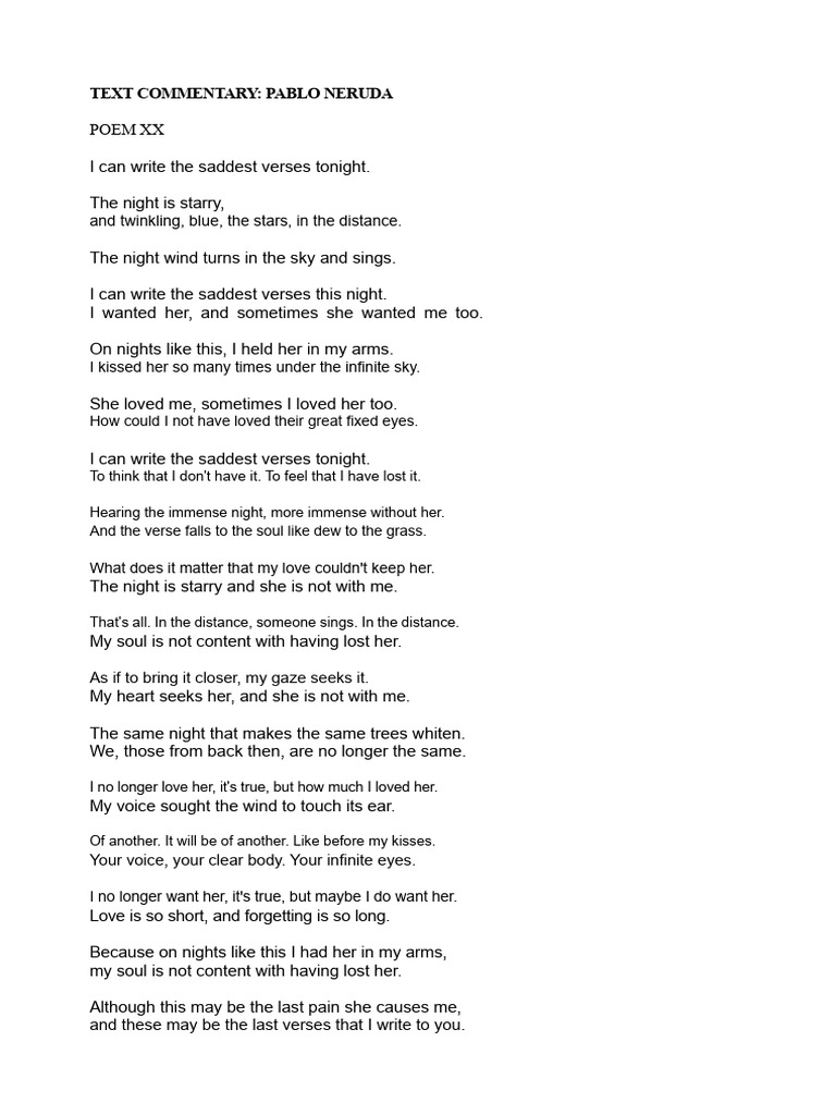 Text Commentary. Pablo Neruda. Poem 20 From Twenty Love Poems and A ...