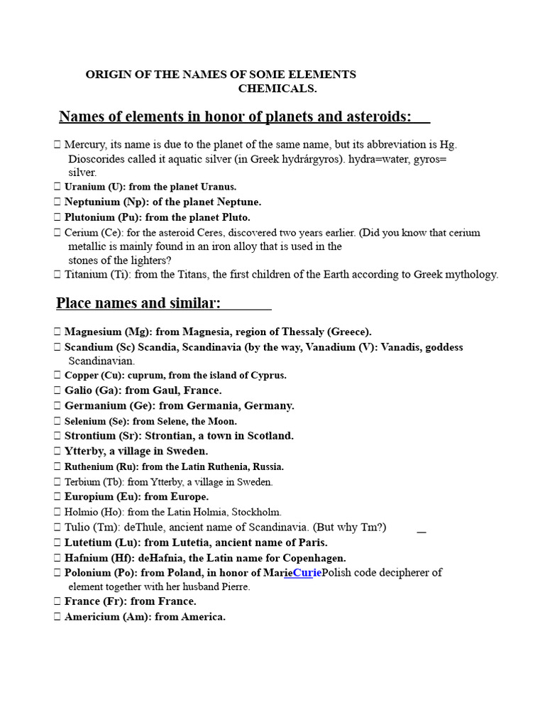 Origin of The Names of Some Chemical Elements | PDF | Planets | Sodium