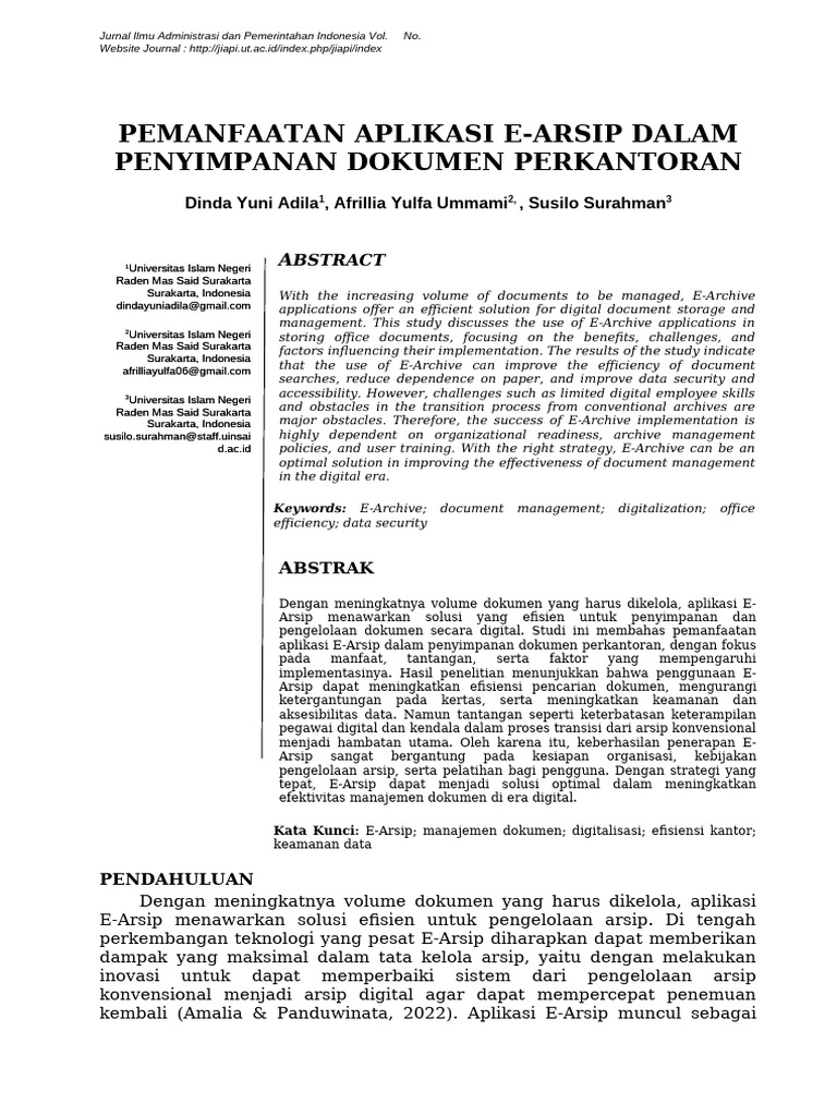 Pemanfaatan Aplikasi E-Arsip Dalam Penyimpanan Dokumen Perkantoran | PDF