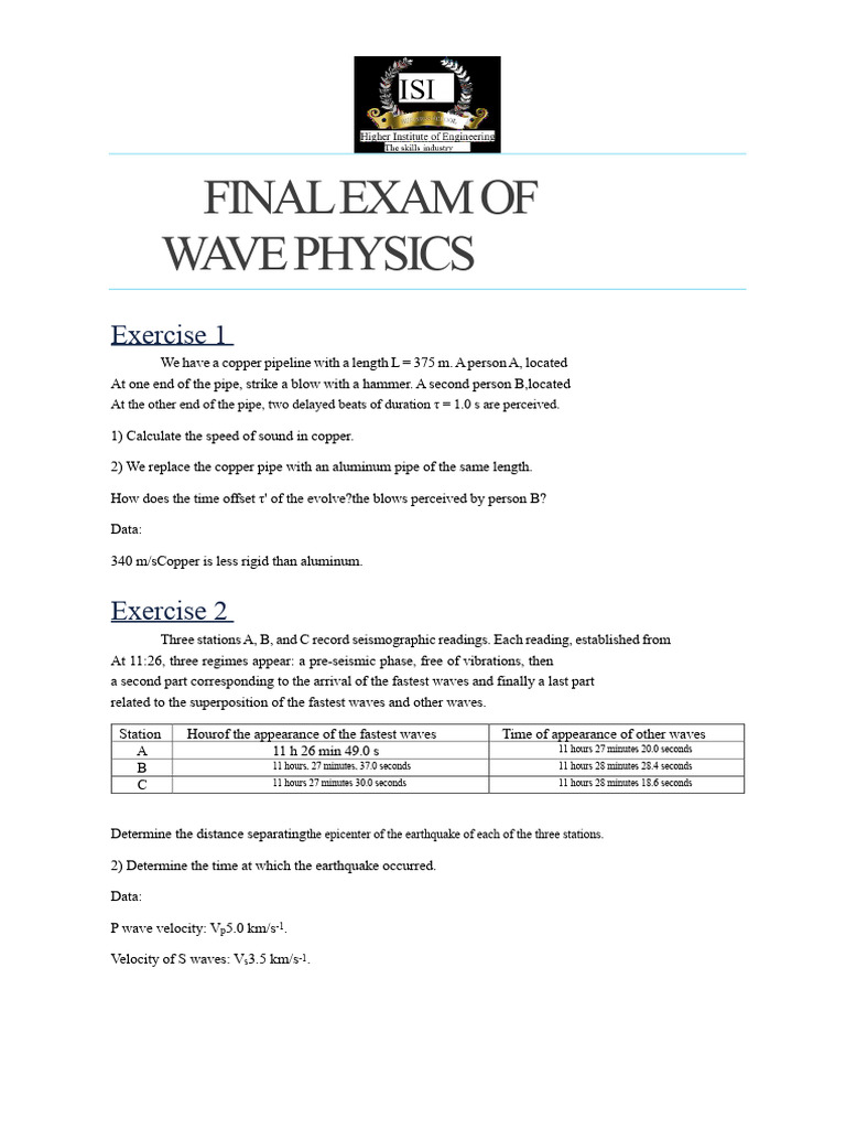 Wave Physics Final Exam Exercises | PDF | Waves | Frequency