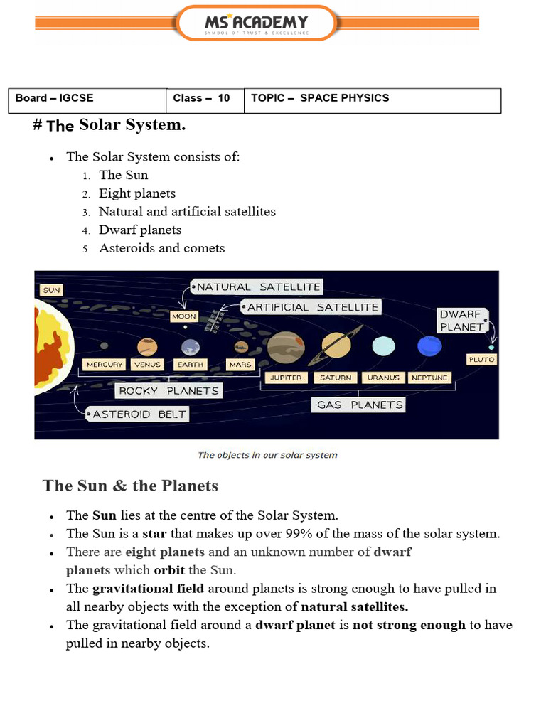 Space Physics Class 10 Notes | PDF | Solar System | Stars