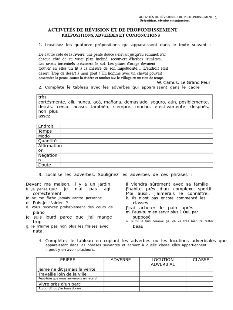 Activités Prépositions Adverbes Et Conjonctions | PDF | Adverbe ...