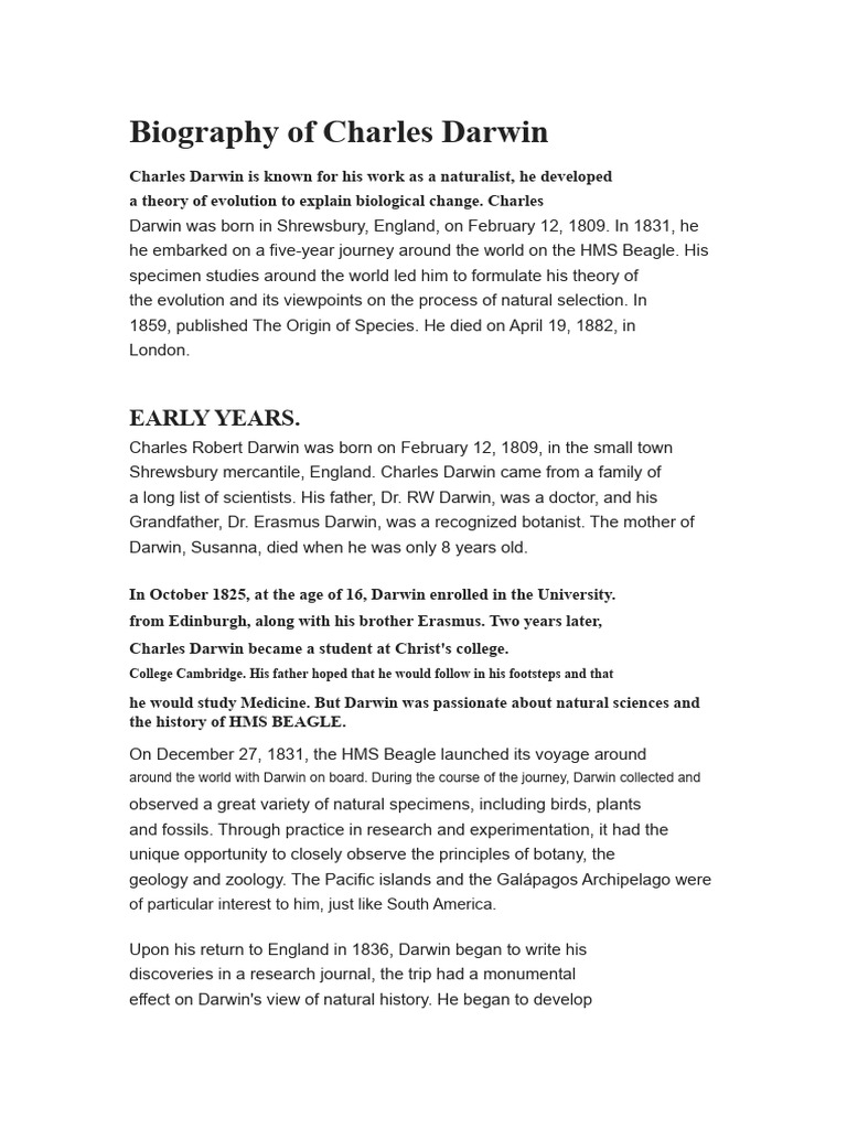 Biography of Charles Darwin | PDF | Charles Darwin | Natural History